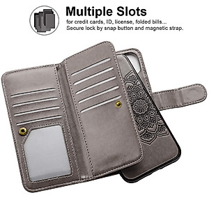 Vofolen 2-in-1 Case for iPhone 11 Case Wallet Credit Card Holder ID Slot Detachable Hybrid Protective Slim Hard Shell Magnetic PU Leather Folio Pocket Flip Cover for iPhone 11 6.1 inch Mandala Grey