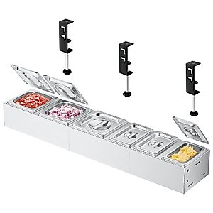 Pizza Topping Station Stainless Steel, 6 Seasoning Containers with Lid, Condiment Tray for Prepping Toppings, Pizza Oven Accessories, Grill Table Cart Topping Station, C-Clamp for Different Tabletop