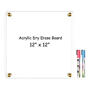 AMUSIGHT Clear Acrylic Dry Erase Board，12" X 12" Golden Non-Magnetic Acrylic White Board for Wall，Clear Erasable Acrylic Board for Office, School or Home，2 Markers