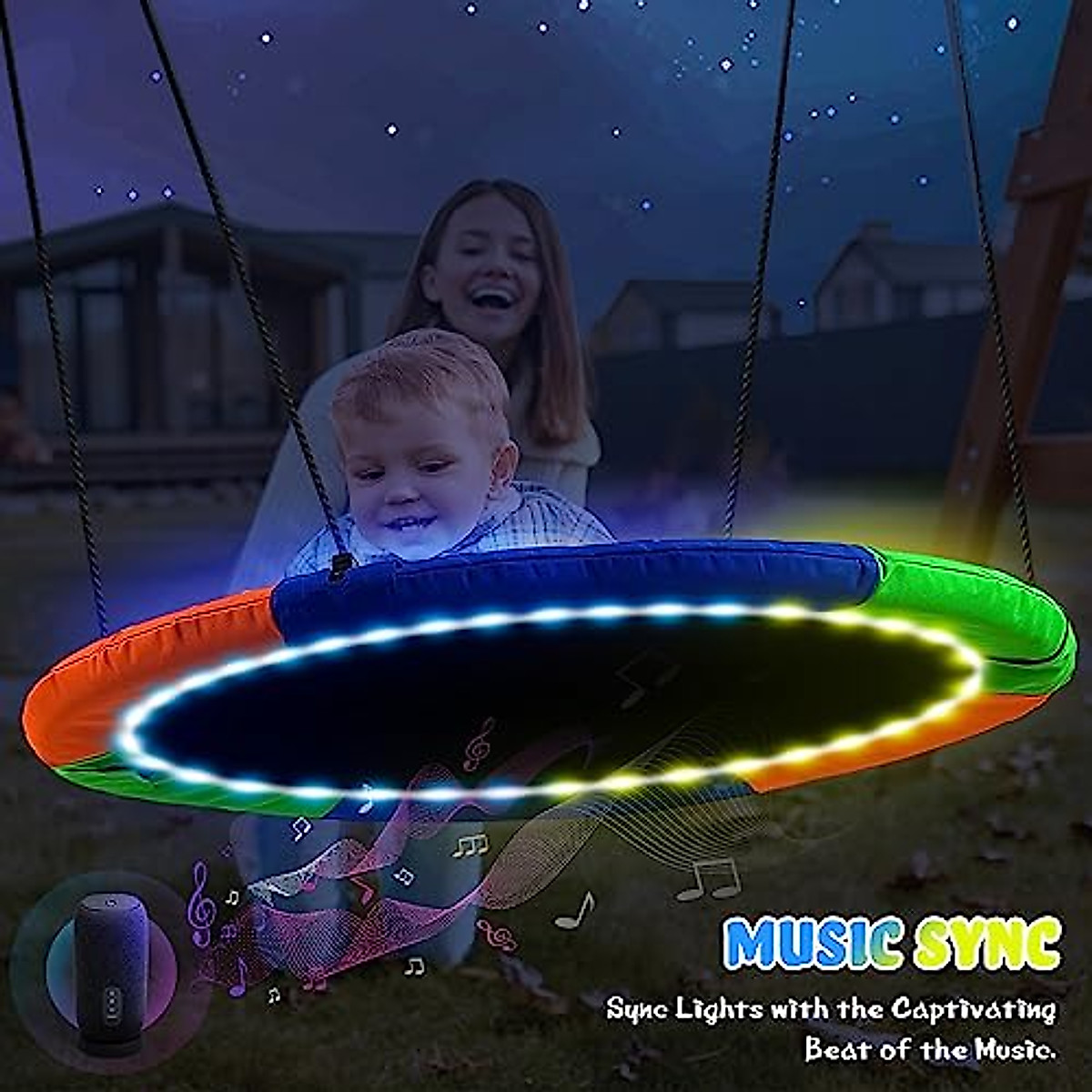 LFSMVT LED Saucer Tree Swing, 40 Inch Light Up Kids Swing Set with APP & Remote Control, Music Sync, Waterproof Round Circle Swings for Kids Outdoor, Playground, Backyard