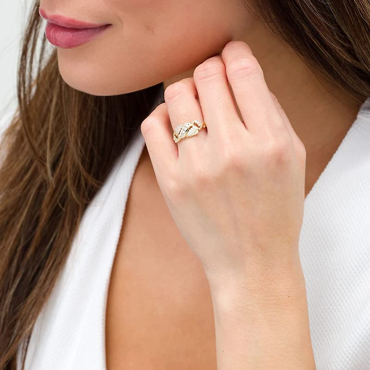 4-Stone Diamond and Grape Leaf Ring, 10k Yellow Gold, 12k Pink and Green Black Hills Gold Size 7