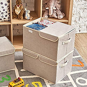 EZOWare Large Storage Boxes [3-Pack] Large Linen Fabric Foldable Storage Cubes Bin Box Containers with Lid and Handles for Home Nursery, Closet, Baby Products (Silver Gray)