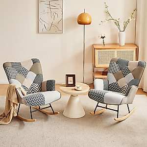 Fahomiss Nursery Rocking Chair - Accent Rocking Chair for Nursery, 330lbs Weight Capacity Glider Rocking Chair Upholstered with Patchwork Linen Fabric for Living Room Bedroom(x1, Elegant Grey)