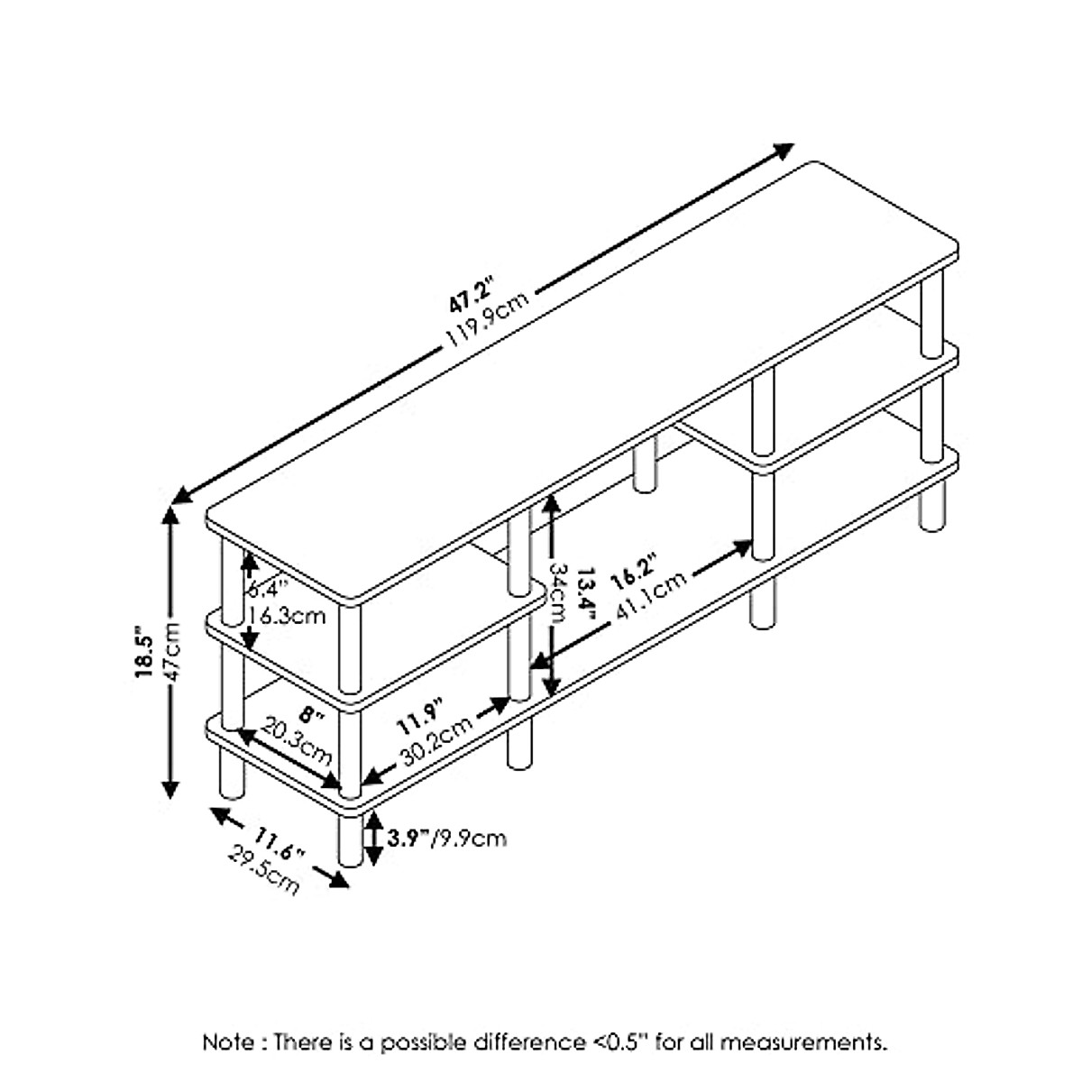 Furinno Turn-N-Tube 3-Tier Multipurpose Wide Shelf TV Stand, French Oak Grey/Black