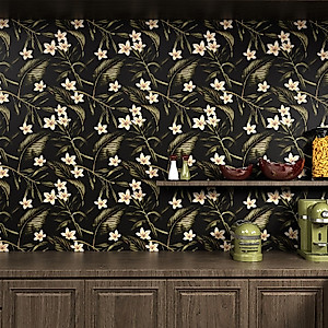 HotDecor Black Dark Floral Peel and Stick Wallpaper Floral Removable Vintage Floral Wallpaper for Bedroom Botanical Leaf Stick on Floral Contact Paper for Walls Cabinet Shelves Retro Vinyl 24”x118”