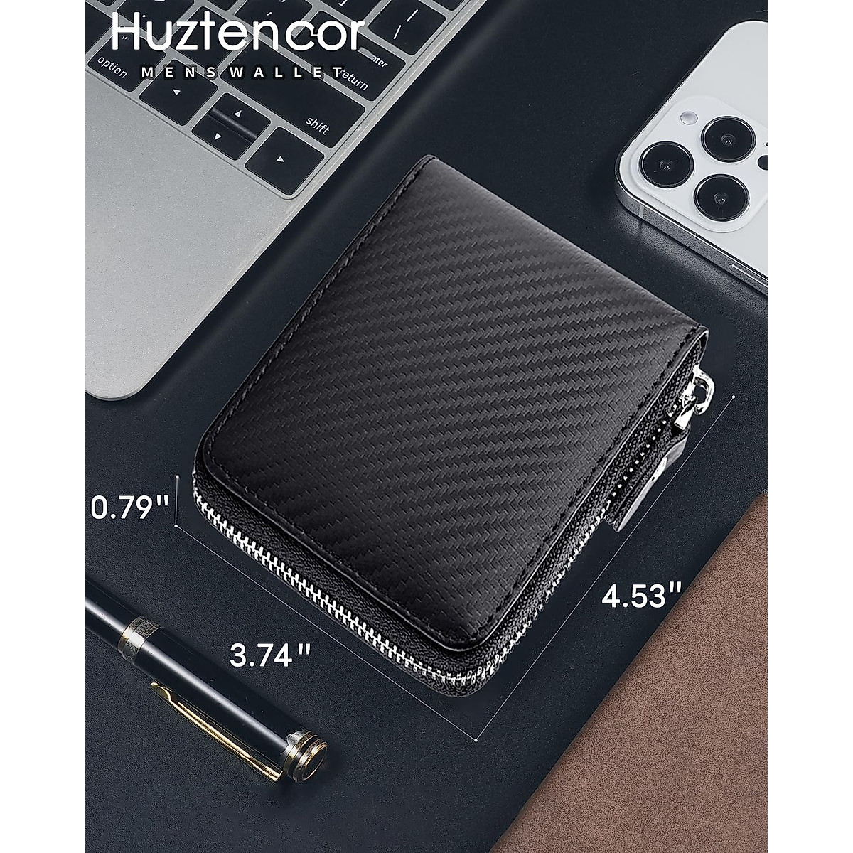 Huztencor Wallet with Zipper for Men RFID Blocking Wallets for Men Leather Zip Around Bifold Multi Card Holder Purse Carbon Fiber Black