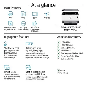 HP Neverstop Laser MFP 1202w Wireless Monochrome All-in-One Printer with cartridge-free toner tank, comes with up to 5,000 pages of toner in the box (5HG92A)