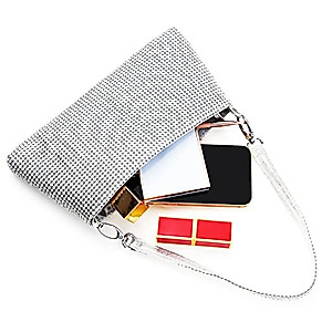 Rumdin Evening Bag Clutch Purses for Women Rhinestone Crossbody Purse Top Silver Mesh Bag for Girls Parties Gift Earrings
