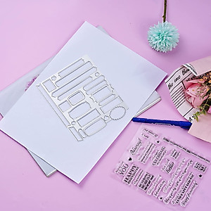 Sucrain 2pcs Metal Dies Cut and Clear Silicone Stamp, for Card Making Paper Craft Scrapbooking Album DIY, Sentiment Words Stencils Carbon Steel Embossing Template