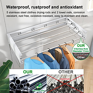 Gorblos Wall Mounted Drying Rack, Foldable Laundry Rack, Collapsible Drying Rack, 5 Stainless Rods, Wall Mounted Clothing Rod with 2 Towel Bar, 90 lb Capacity, 31.5" White