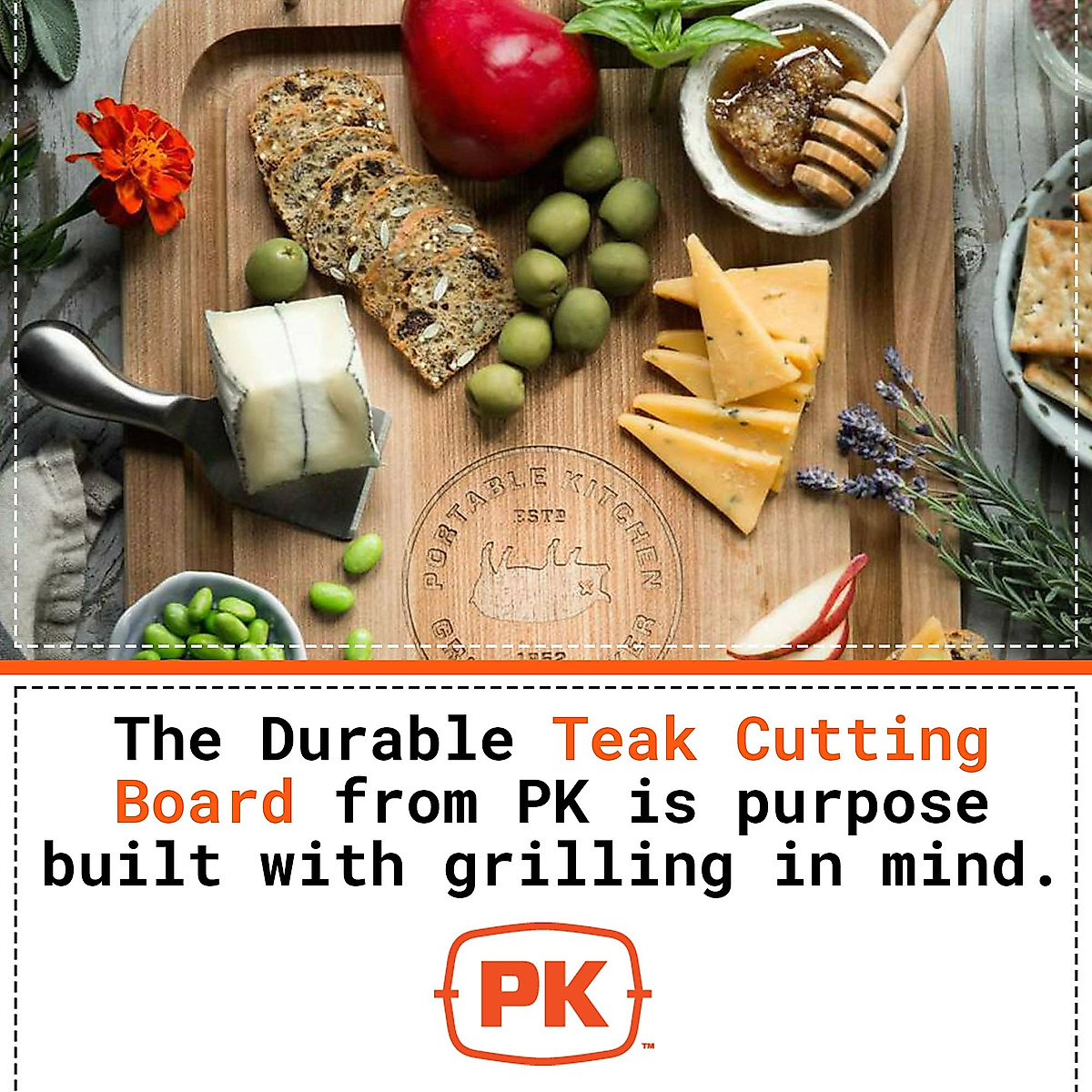 PK Grills Solid Teak Wood Cutting Board for Kitchen, Outdoor, Meat, BBQ, Food, Wooden Chopping Block with Stainless Steel Hanger, PKUA-CB-TW-X