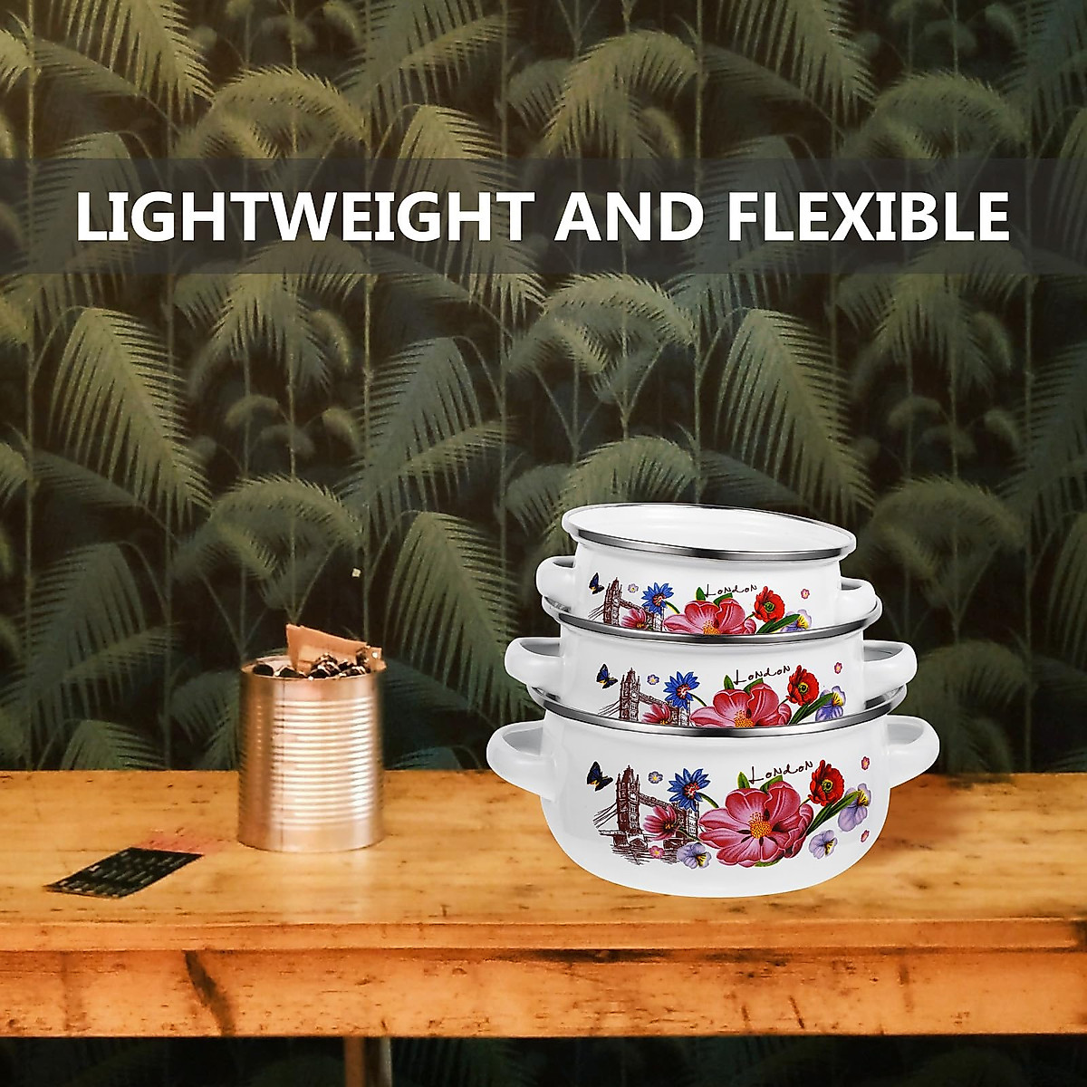 Totority Enamel Stockpot 3 Pcs Kitchen Enamel Stockpot with Lid, Retro Flower Stew Bean Cooking Pot, Vintage Thicken Soup Pot with Handles, Nonstick, Safe for Induction Cookers, Gas Stove