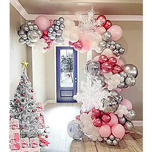 Pink Winter Wonderland Balloon Garland arch Kit Pink Chrome Silver Red White With 2 Large Snowflake Balloons for Onederland Girl Princess Birthday Party baby its cold outside baby shower decorations