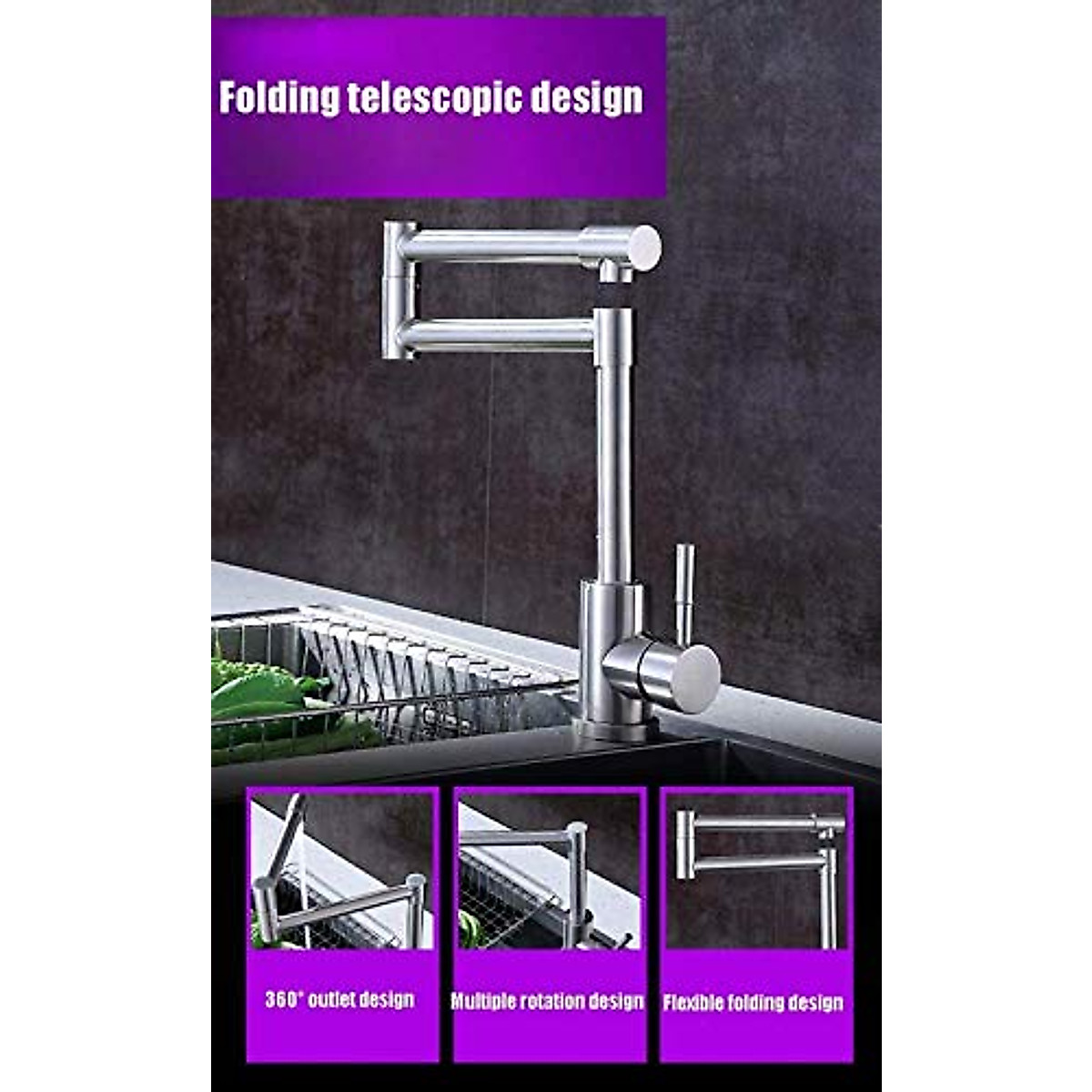 ShiSyan Y-LKUN Taps Sink Faucet Kitchen Faucet Folding Stretchable Stainless Steel Kitchen Sink Faucet Single Handle 360 ° Rotation Modern Style Brushed Nickel