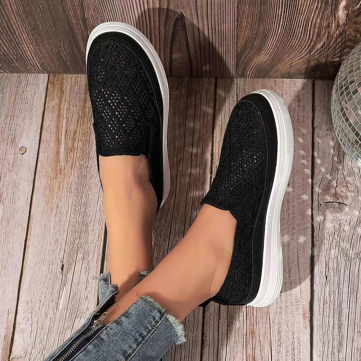 Sneakers for Women Fashion Sneakers Women's Canvas Shoes Sneaker Walking Shoes Ladies Fashion Solid Color Breathable Hollow Mesh Round Head Shallow Flat Black