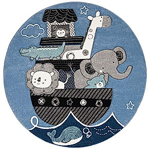 SAFAVIEH Carousel Kids Collection 4' Round Blue/Grey CRK121B Animal Nursery Playroom Area Rug