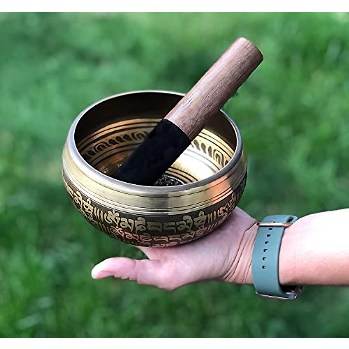 Large Tibetan Singing bowl Set - Bronze Style - Easy To Play - 5" Sound Yoga Bowl Mantra Design Mindfulness Meditation Healing Sound Gift By Himalayan Bazaar