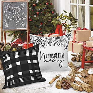 Lanpn Hello Winter Merry Christmas Throw Pillow Covers 20x20 Set of 4, Decorative Black and White 20 inch Xmas Holiday Cushion Pillow Cases Home Outside Porch Decor Decorations