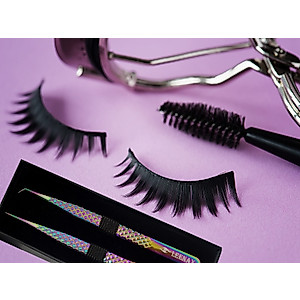 Eyelash Extension Tweezers Fiber Tip (Anti – Slip) Set of 2 pieces straight & curved with Diamond Grip, Rainbow Colour,14cm, volume Tweezers, Lash Extension Precision tweezers. (Multi)