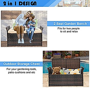 FurniSdoo PE Rattan Outdoor Storage Bench, Wicker Deck Storage Box with Comfy Beige Seat Cushion, Perfect for Patio Porch Garden Balcony Yard Garden Tools Pool Toys, 33 Gallon Brown
