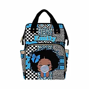 Artsadd Personalized Afro Puff Diaper Bag Backpack with Name, Blue Bubble Gum Plaid Daypack Customized Large Capacity Baby Backpack for Girls Baby Birthday Gifts