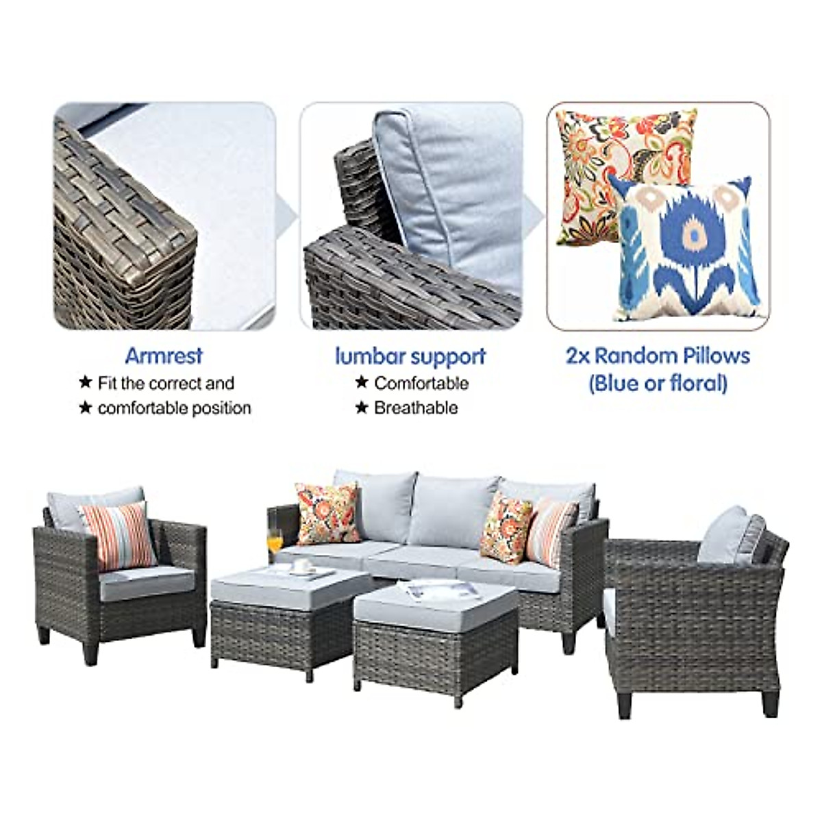 ovios Patio Furniture, Outdoor Furniture Sets, Modern Wicker Patio Furniture Sectional and 2 Pillows, All Weather Garden Patio Sofa, Backyard, Steel (Grey)