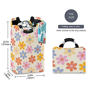 Aslsiy Floral 70s Laundry Basket Groovy Daisy Flowers Laundry Hamper with Handles Waterproof Clothes Bucket Washing Bin Dirty Baskets Toy Storage for Home College Dorm Bathroom 50L