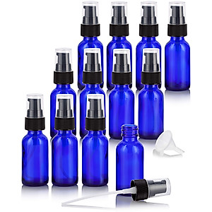 JUVITUS 1 oz Cobalt Blue Glass Boston Round Bottle with Black Treatment Pump (12 pack) + Funnel