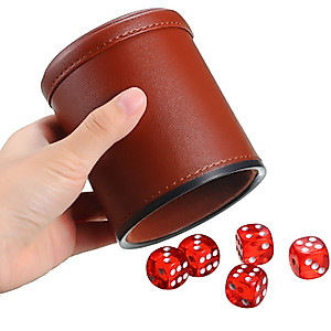 6 Pieces Dice Cup PU Leather Felt Lining Quiet Shaker with 30 Dices for Craps Farkle Game