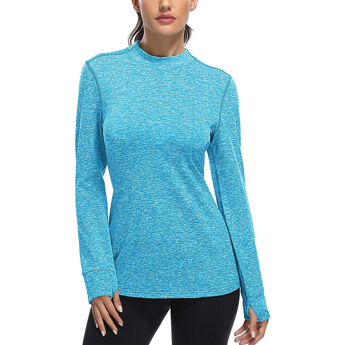 Fulbelle Thermal Fleece Lined Workout Warm Shirts Women, Mock Neck Thumb Holes Running Tops,Long Sleeve Ladies Exercise Athletic Running Gym Fitness Yoga Sweatshirts Winter Clothes Blue X-Large