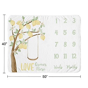 Sweet Jojo Designs Lemon Floral Girl Milestone Blanket Monthly Newborn First Year Growth Mat Baby Shower Memory Keepsake Gift Picture - Yellow Green Beige Watercolor Boho Bohemian Farmhouse Flower