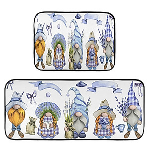 ALAZA Lavender Gnome Kitchen Mat Set 2Piece,Super Absorbent Kitchen Rugs Mats Non Slip Waterproof Easy Clean Carpets Rugs for Kitchen Floor Sink Laundry Runner Area Rug Carpet