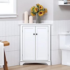Spirich Floor Corner Cabinet with Doors and Shelves, Freestanding Bathroom Corner Storage Cabinet for Bathroom, Living Room, White