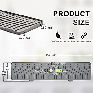 ODRAGO Silicone Kitchen Sink Splash Guard - 24.01 Inch Faucet Mat for kitchen Sink Water - Longer Faucet Handle Drip Catcher Tray-Sink Guard for Kitchen Sink (Grey)