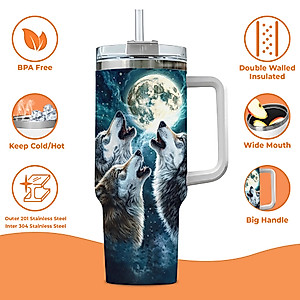 Foxcorner Personalized Wolf 40oz Tumbler with Handle and Straw Gifts for Wolf Lovers, Father's Day Cool Gifts For Him, Men, Birthday Gift Ideas, Custom Name Stainless Steel Travel Cup With Lid