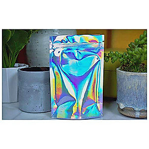 Self-Standing Mylar Bags for Food Storage: Resealable Set of 50 Easy Slide Open and Smell Proof Holographic Bags | 4x6 Inch Food-Grade & Reusable Plastic Stash Bag | Small Bags with Lay Flat Designs