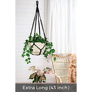 Shineloha 43 Inches Macrame Plant Hanger Large for up to 12 inch Pot | Extra Long + Hook | No Tassel, Cotton Rope Hanging Plant Holder with Swag Hook, NO Plant/Pot Included (Black)