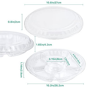 10 Pack Round Appetizer Serving Trays with Lids, 10 Inch Clear Plastic Veggie Fruit Snack Vegetable Food Serving Platters, Disposable Compartments 6 Sectional Catering Trays for Party and Buffet