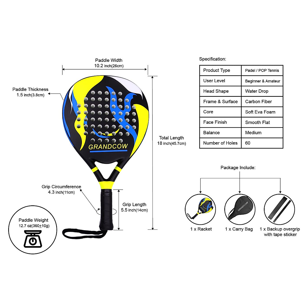 Padel Racket Racquet Carbon Fiber Power Lite EVA Foam POP Tennis Racquets (Black)