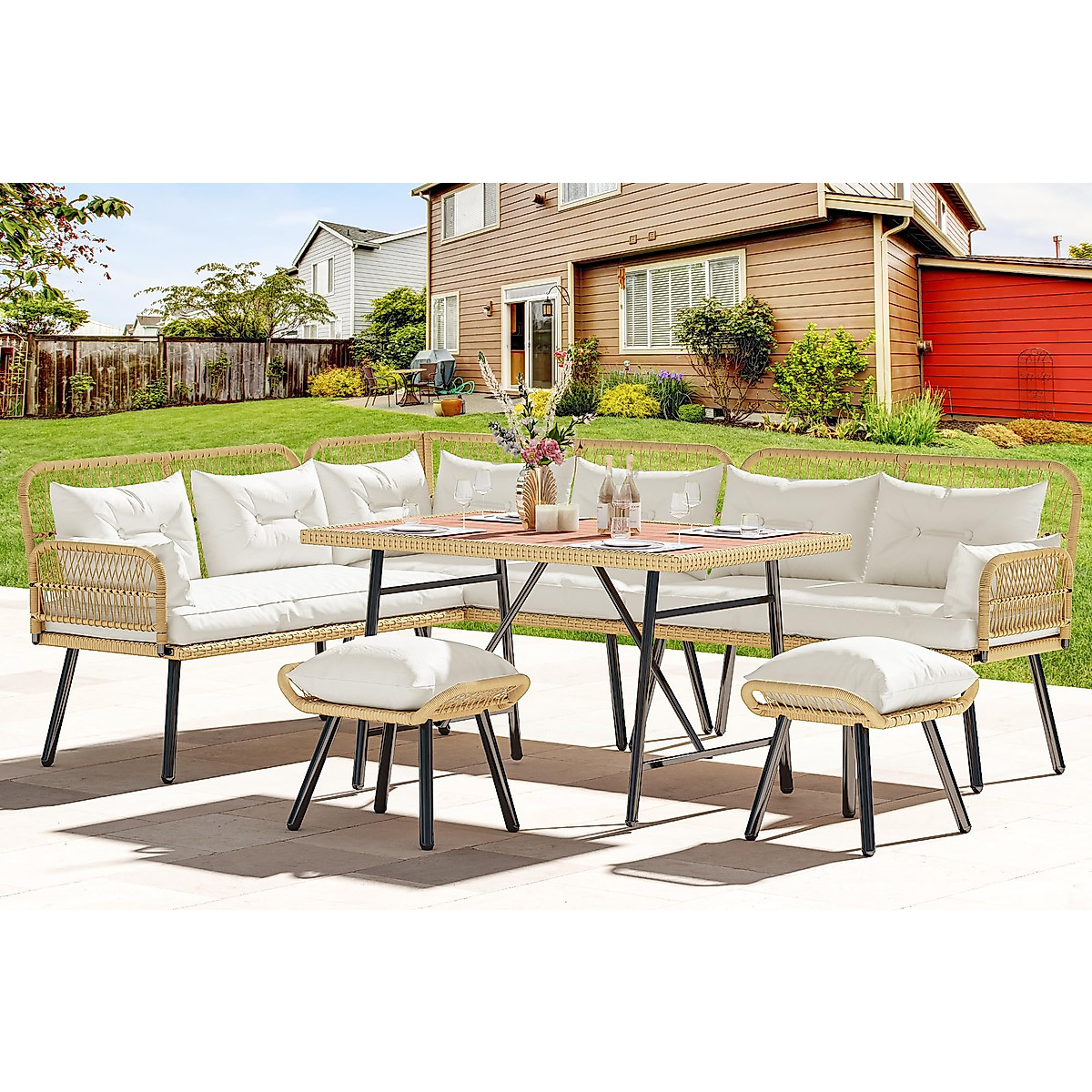YITAHOME Outdoor Patio Wicker Conversation Furniture Set with Plastic Wood Dining Table, All-Weather Rattan Outdoor Sectional Sofa Set for Backyard Deck with Convient Ottomans, Light Brown+Beige