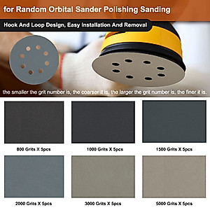 DAKLM 30pcs 5 Inch Sanding Discs Hook and Loop 5 Inch 8 Holes Wet Dry (800/1000/1500/2000/3000/5000) Grit Silicon Carbide Flocking Round Orbital Sandpaper
