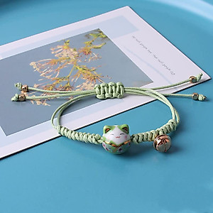 4 Pieces Cat Maneki Neko Bracelet Cute Lucky Cat Ceramic Beads Bracelets Feng Shui Lucky Bracelet Japanese Fortune String Bracelet with Bell, Adjustable