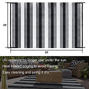 Pcinfuns Plastic Straw Rug,Patio Rugs RV Camping Rug Reversible Mat,6'x9' Reversible Mats Large Floor Mat and Rug for Outdoor,Black & White Thin Stripe
