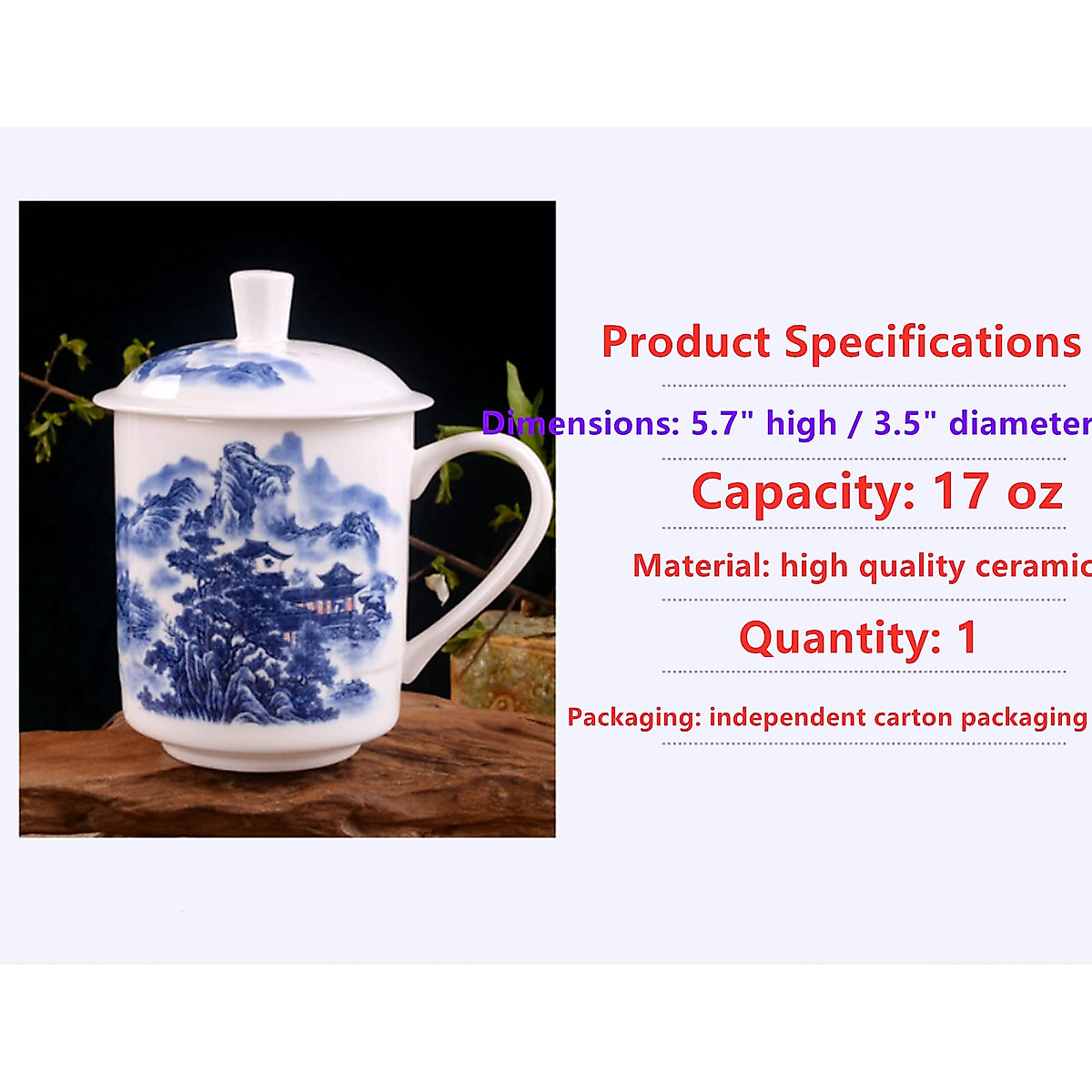 XIYUAN Fine Handmade Ceramics Tea Cup with Lid,(Landscape pattern) Chinese Jingdezhen Blue and White Porcelain Tea Cup Infuser for: Home Party, Office, Reception Room