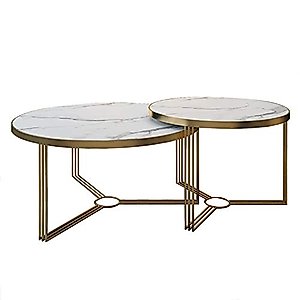 2 Piece Round Nested Coffee Table, Artificial Marble Tabletop Metal Frame Coffee Table for Living Room, Small Side Coffee Table