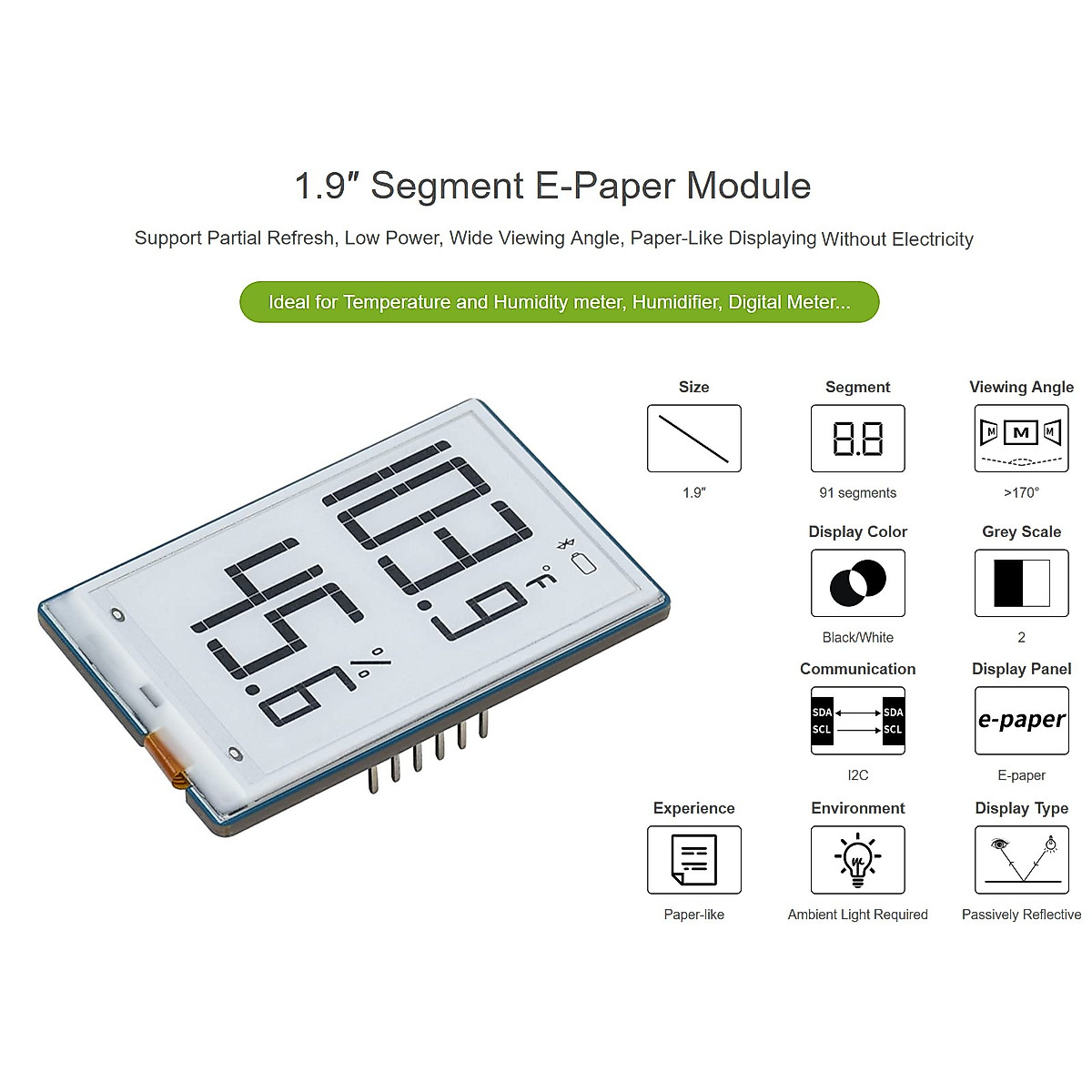 waveshare 1.9inch E-Paper Module 91 Segments E-Ink Display for Raspberry Pi/Arduino/STM32, Black/White Display Color, I2C Bus, Support Partial Refresh, 3.3V/5V