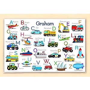 Vehicle Alphabet Personalized Placemat, by Art Appeel, 18" x 12" Inches, Laminated