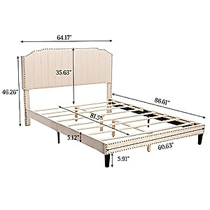 civama Queen Bed Frame with Headboard, Upholstered Platform Beds Modern Linen Mattress Foundation with Nail Head Footboard, No Box Spring Needed, Strong Wood Slats Support, Easy Assembly, Beige