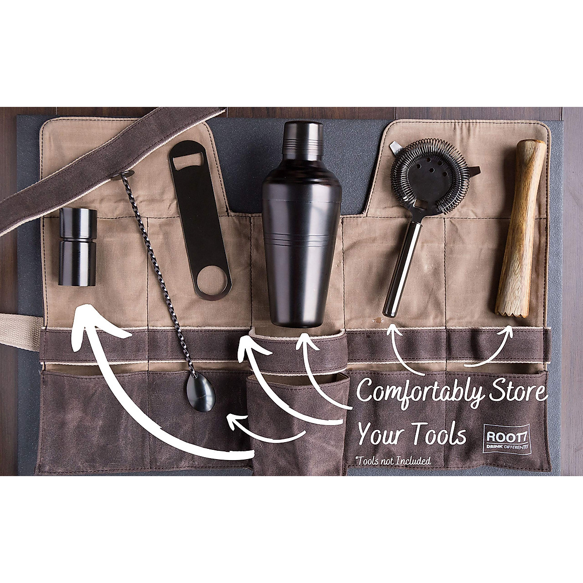 Root7 Bartender's Wax Canvas Cocktail Bag for Carrying Boston Cocktail Shaker, Muddler, Jigger and Bartender Tools