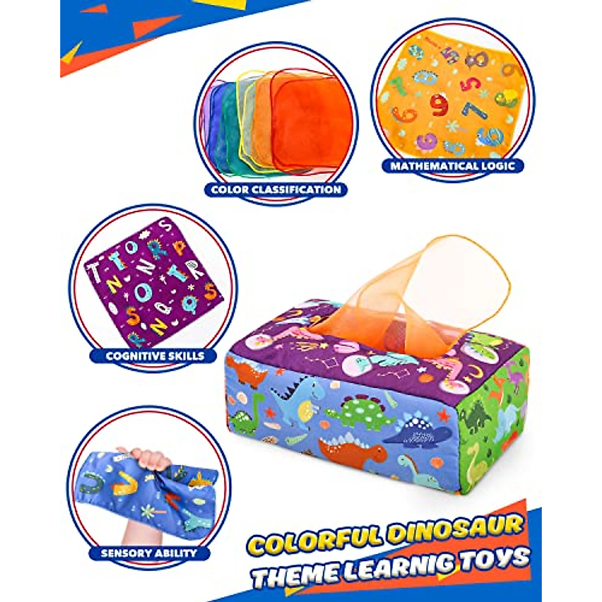 DINORUN Baby Toys 6 to 12 Months - Montessori Toy for Babies and Toddlers Tissue Box Learning Toy for 6 Months and up – Educational High Contrast Development STEM Toy - Baby Gift